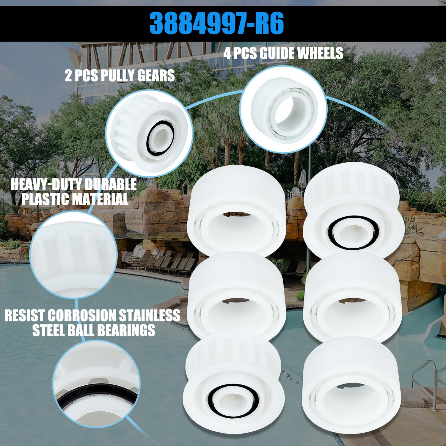 Wztepeng 4 Pcs Guide Wheels with 2 Pully Gears Pool Cleaner Replaces 3884997-R6 Compatible with Dolphin M400 M500 Deluxe 4 Deluxe 5 Pool Cleaner Accessories