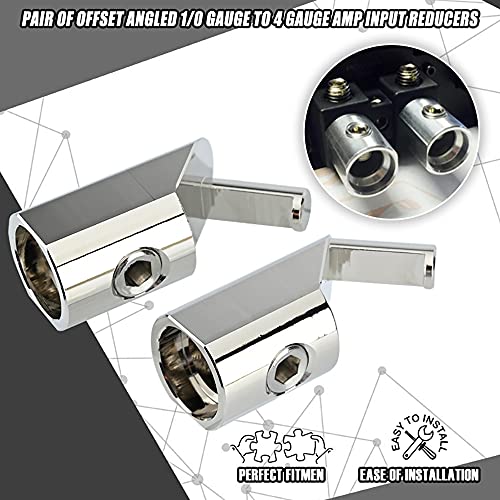 BILLFARO 2Pcs 1/0 Gauge to 4 Gauge Input Wire Gauge Reducer,Offset Angled Amp Input Reducers Cable PIN Power Ground Reducers Connection Brass with Nickel Plated