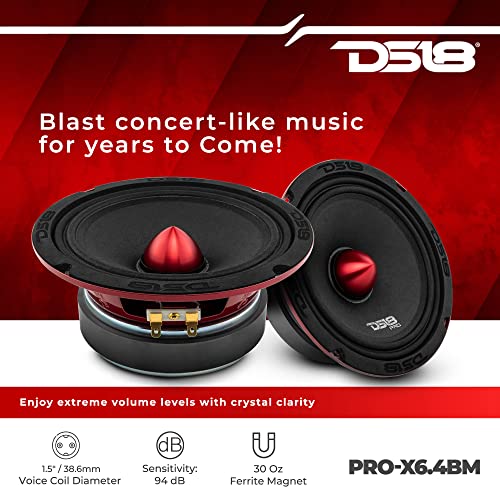 DS18 PRO-X6.4BM Loudspeaker - 6.5", Midrange, Red Aluminum Bullet, 500W Max, 250W RMS, 4 Ohms - Premium Quality Audio Door Speakers for Car or Truck Stereo Sound System (1 Speaker)