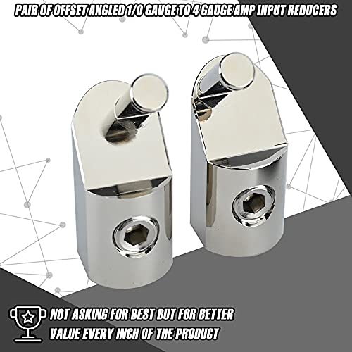BILLFARO 2Pcs 1/0 Gauge to 4 Gauge Input Wire Gauge Reducer,Offset Angled Amp Input Reducers Cable PIN Power Ground Reducers Connection Brass with Nickel Plated