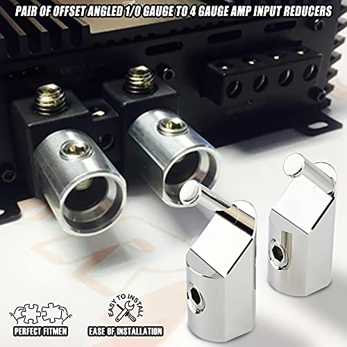 BILLFARO 2Pcs 1/0 Gauge to 4 Gauge Input Wire Gauge Reducer,Offset Angled Amp Input Reducers Cable PIN Power Ground Reducers Connection Brass with Nickel Plated