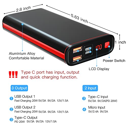 SmilePowo Metal Portable-Charger-Power-Bank,PD 20W 26800mAh,Output 5V 3A LCD Digital Display Fast Charging Power Bank,Compatible with iPhone,Samsung Galaxy,Google Pixel 4 Phone,Tablet,Android