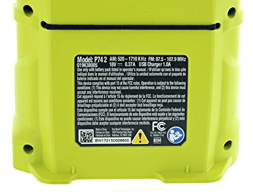 Ryobi P742 One+ 18V Lithium Ion Cordless Compact AM / FM Radio w/ Wireless Bluetooth Technology and Phone Charging (18V Battery Not Included / Radio Only)