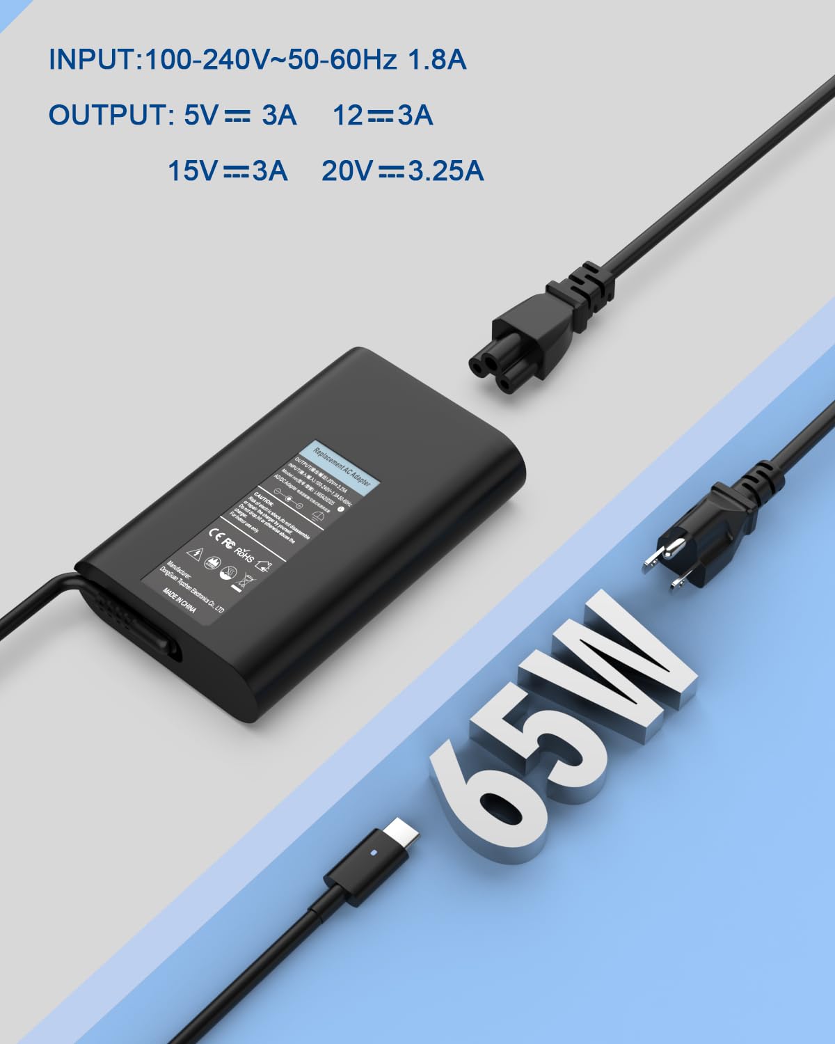 Charger for Dell 65W USB-C Laptop Charger for XPS and Latitude - Power Cord Included