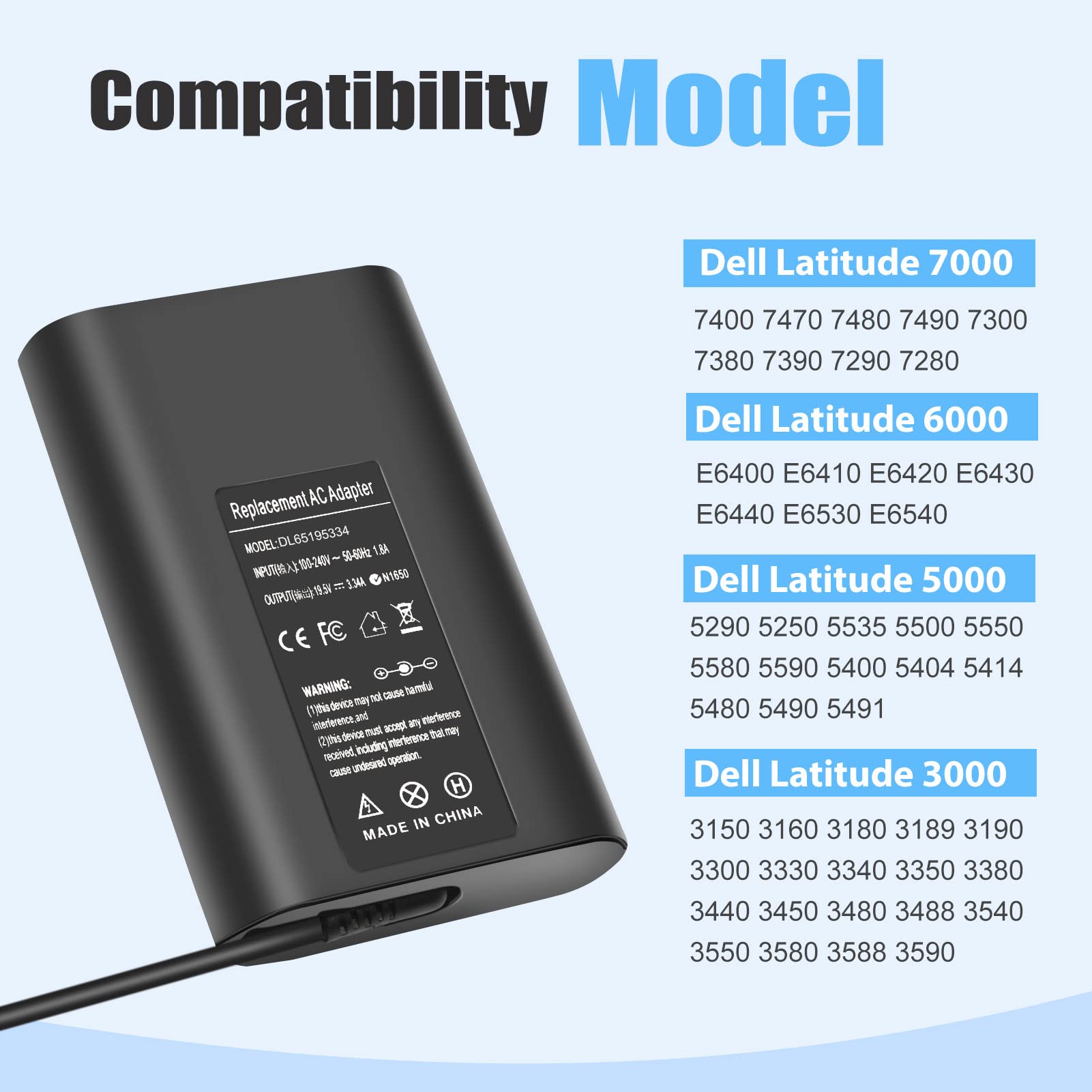 65W LA65NS2-01 Laptop Charger AC Adapter for Dell Latitude 5400 5500 5480 5490 5580 5590 7400 7480 7490 7390 7290 7280 3440 E5400 E5420 E5450 E5470 E5480 E5570 E6420 E6430 E6540 E7470 E7480 LA65NM130