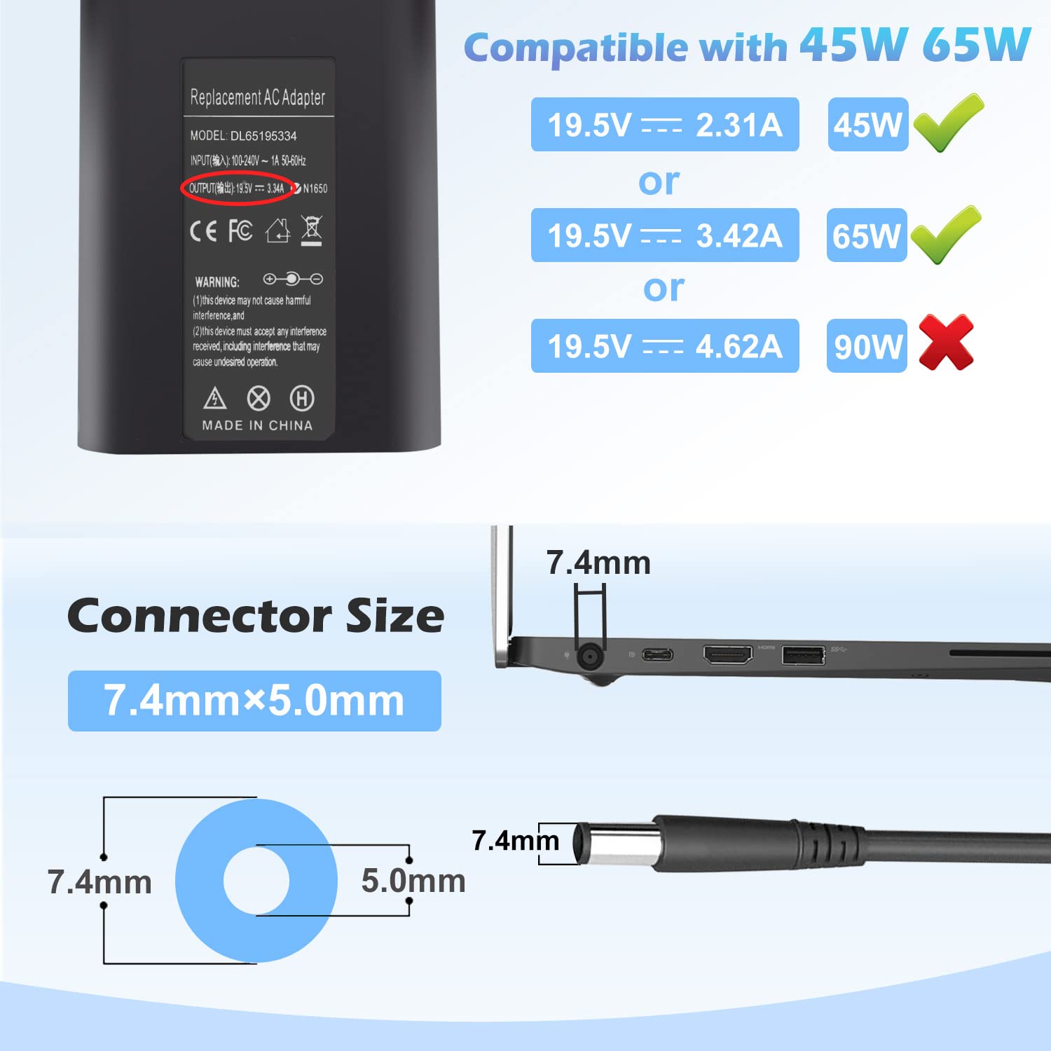 65W LA65NS2-01 Laptop Charger AC Adapter for Dell Latitude 5400 5500 5480 5490 5580 5590 7400 7480 7490 7390 7290 7280 3440 E5400 E5420 E5450 E5470 E5480 E5570 E6420 E6430 E6540 E7470 E7480 LA65NM130