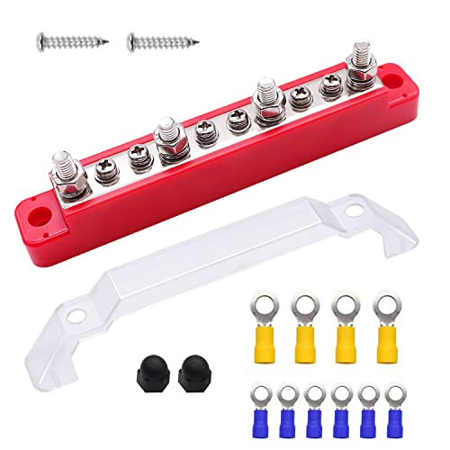 Aienxn Red Battery Bus Bar 4 x M6 Terminal Studs, 6 x M4 Terminal Screws, 12V Power Distribution Block with Ring Terminals for Car, RV, Boat, Marine Q-O-038-10-B-R