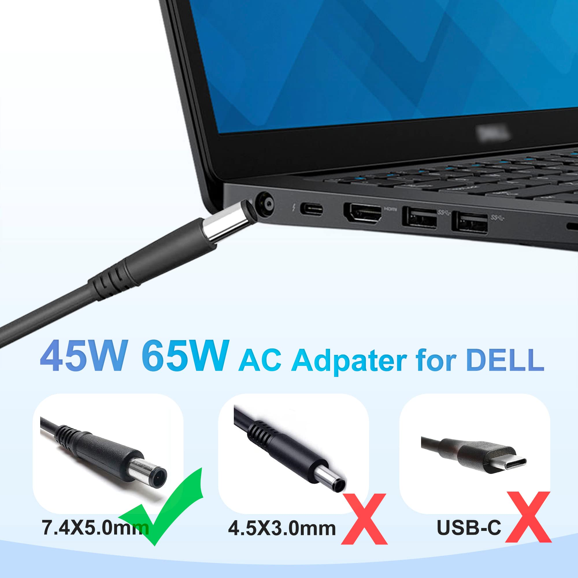 65W LA65NS2-01 Laptop Charger AC Adapter for Dell Latitude 5400 5500 5480 5490 5580 5590 7400 7480 7490 7390 7290 7280 3440 E5400 E5420 E5450 E5470 E5480 E5570 E6420 E6430 E6540 E7470 E7480 LA65NM130