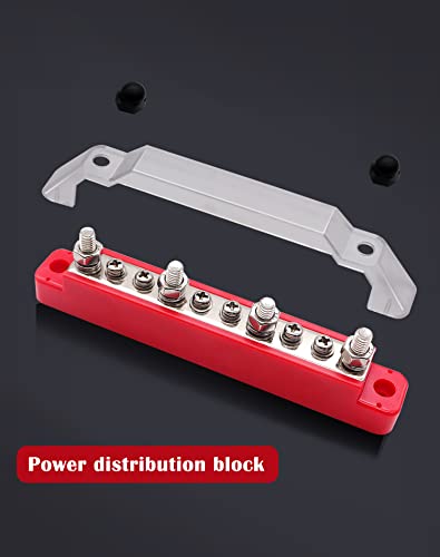 Aienxn Red Battery Bus Bar 4 x M6 Terminal Studs, 6 x M4 Terminal Screws, 12V Power Distribution Block with Ring Terminals for Car, RV, Boat, Marine Q-O-038-10-B-R