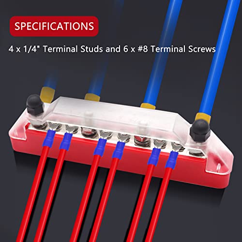 Aienxn Red Battery Bus Bar 4 x M6 Terminal Studs, 6 x M4 Terminal Screws, 12V Power Distribution Block with Ring Terminals for Car, RV, Boat, Marine Q-O-038-10-B-R