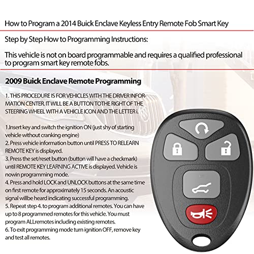 Replacement Fits for Chevy Suburban Tahoe Traverse 2007 2008 2009 2010 2011 2012 2013| Cadillac Escalade 2007-2010| Buick Enclave 2008-2017 Car Keyless Entry Remote Fob Self-Programming (Pack of 2)