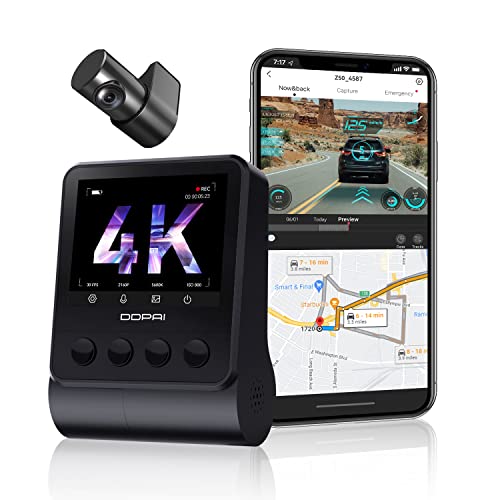 DDPAI Dash Cam Front and Rear 4K, Cam Car Camera with 2160P Front +1080P Rear, Built-in WiFi GPS, Dual Dash Camera for Cars, Night Vision,Parking Monitor,Support 128GB max, Z50
