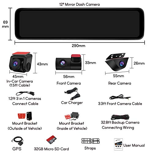 PORMIDO Triple Mirror Dash Cam 12" with Detached Front and in-Car Camera,Waterproof Backup Rear View Dashcam Anti Glare 1296P IPS Touch Screen with Sony Sensor,Starvis Night Vision,GPS,Parking Assist