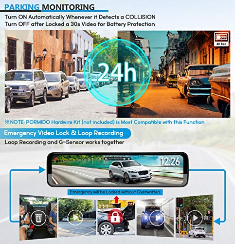 PORMIDO Triple Mirror Dash Cam 12" with Detached Front and in-Car Camera,Waterproof Backup Rear View Dashcam Anti Glare 1296P IPS Touch Screen with Sony Sensor,Starvis Night Vision,GPS,Parking Assist