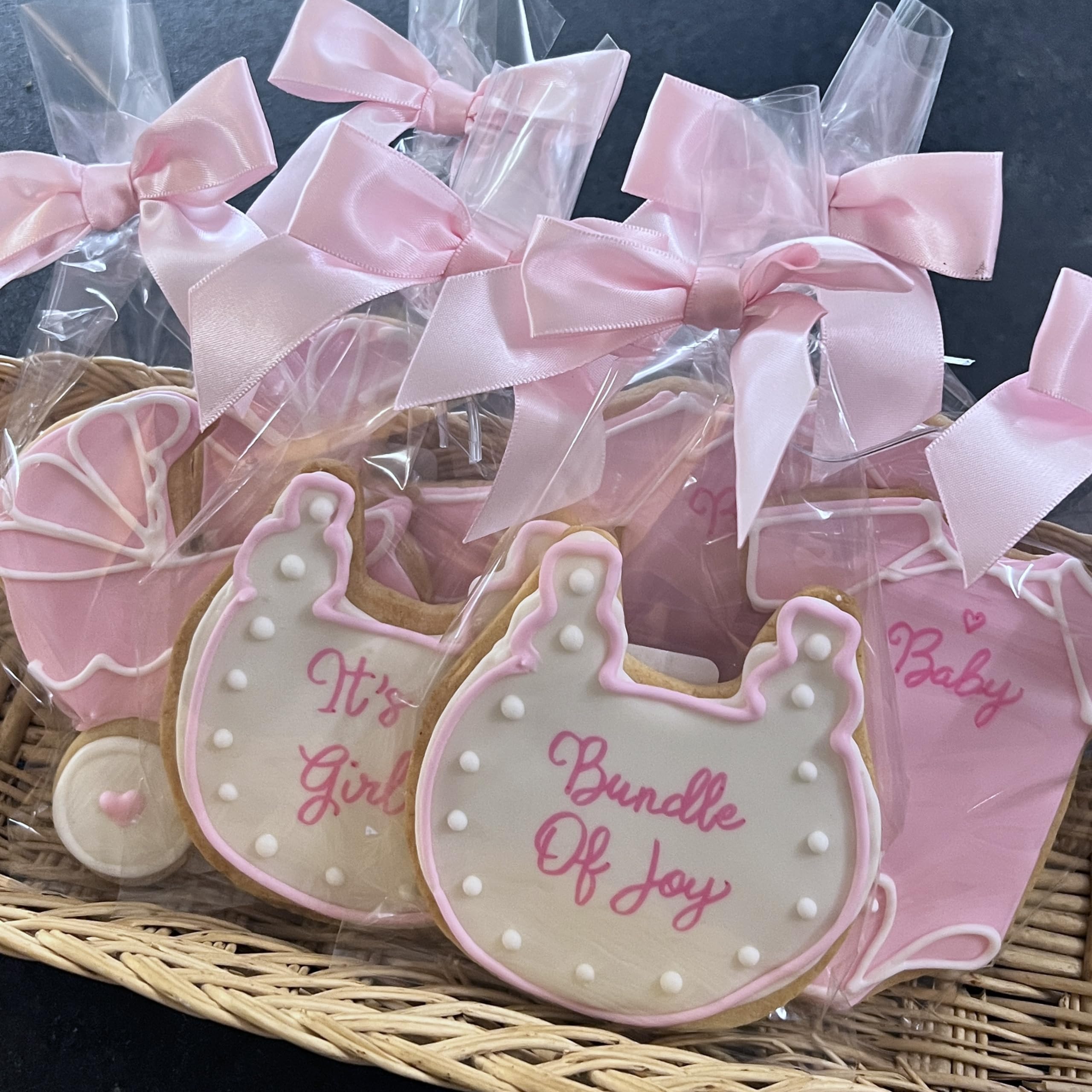 Pink Girl Baby Shower Assortment Cookies- 6 Decorated Crunchy Shortbread Cookies Individually Wrapped With Bow by BakersDozenToGo