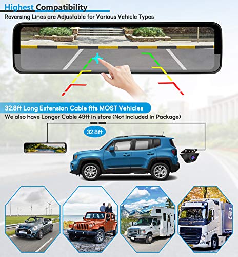 PORMIDO Triple Mirror Dash Cam 12" with Detached Front and in-Car Camera,Waterproof Backup Rear View Dashcam Anti Glare 1296P IPS Touch Screen with Sony Sensor,Starvis Night Vision,GPS,Parking Assist