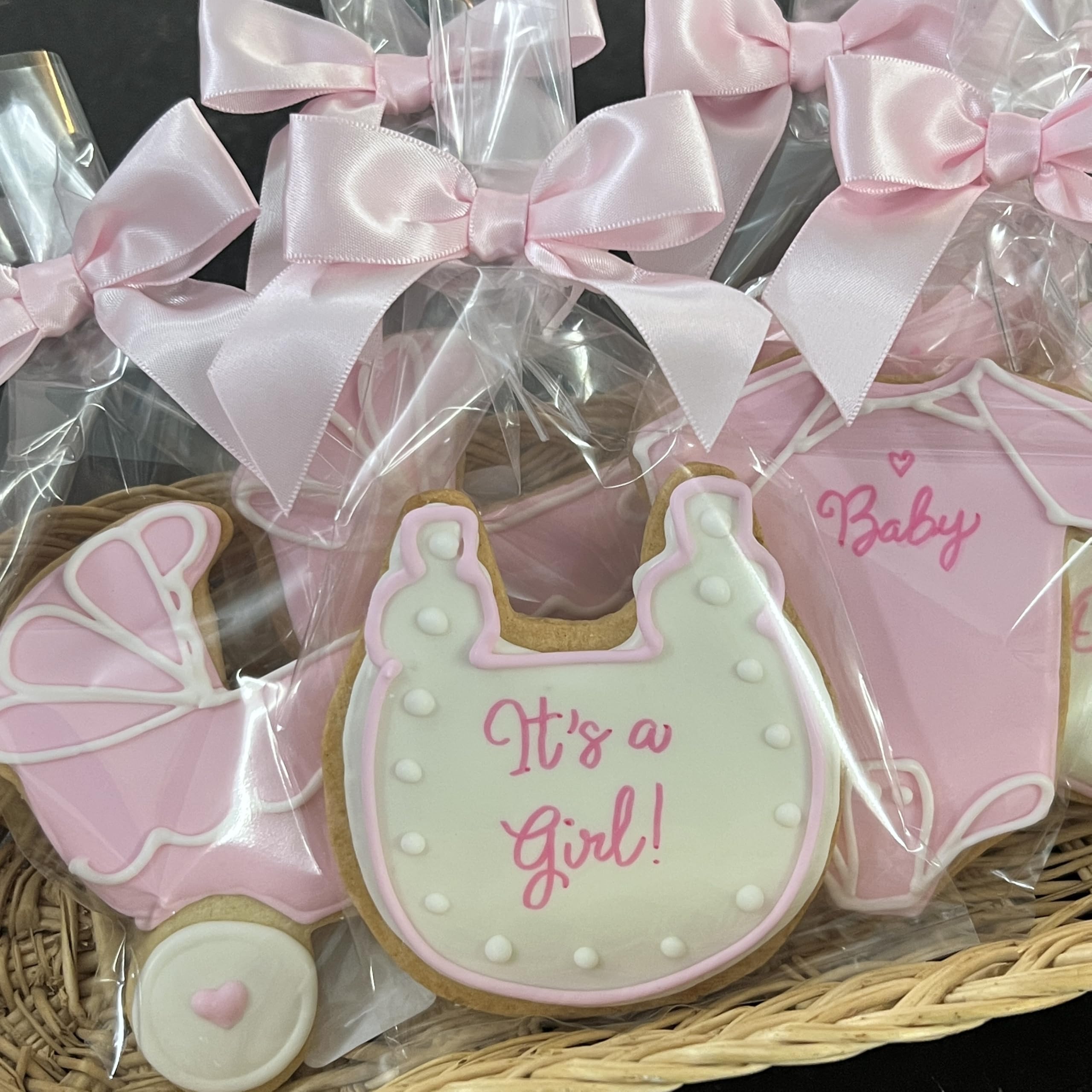Pink Girl Baby Shower Assortment Cookies- 6 Decorated Crunchy Shortbread Cookies Individually Wrapped With Bow by BakersDozenToGo