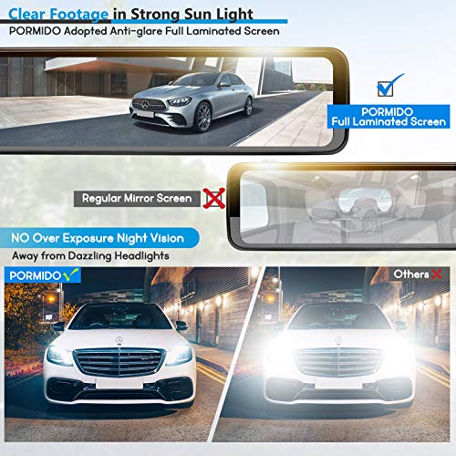 PORMIDO Triple Mirror Dash Cam 12" with Detached Front and in-Car Camera,Waterproof Backup Rear View Dashcam Anti Glare 1296P IPS Touch Screen with Sony Sensor,Starvis Night Vision,GPS,Parking Assist