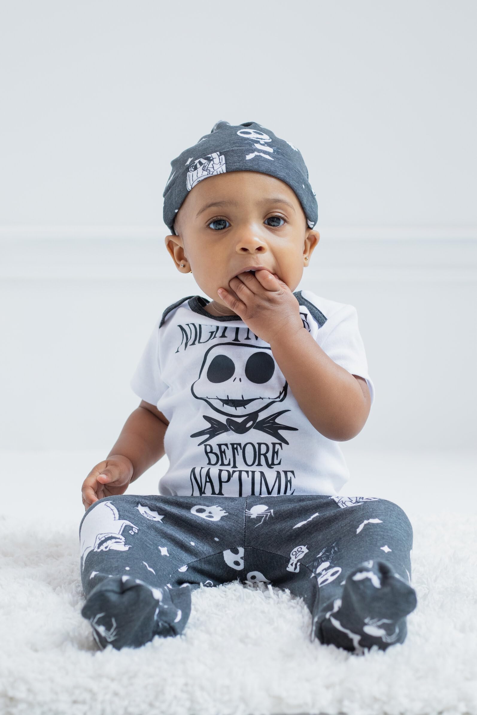 Disney Nightmare Before Christmas Jack Skellington Oogie Boogie Sally Newborn Baby Boys Bodysuit Pants and Hat 3 Piece Outfit Set 3-6 Months