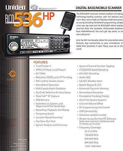 Uniden BCD536HP HomePatrol Series Scanner with Wi-Fi, TrunkTracker V, Backlit Keypad & LCD, Control Channel Only Scanning, S.A.M.E. Weather Alert, USA/Canada Radio Database
