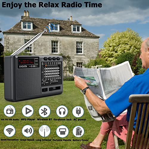 XHDATA D368 Shortwave AM FM 12 Band DSP Stereo Portable Radio MP3 Player Wireless BT Speaker with Rechargeable Battery Multimedia Speaker Support Micro SD Card USB Flash Drives (Black)