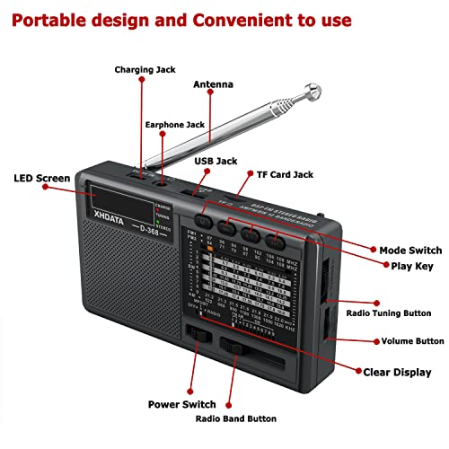 XHDATA D368 Shortwave AM FM 12 Band DSP Stereo Portable Radio MP3 Player Wireless BT Speaker with Rechargeable Battery Multimedia Speaker Support Micro SD Card USB Flash Drives (Black)
