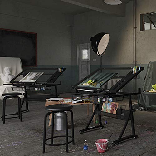 VejiA Drafting Table with Storage, Height Adjustable Tiltable Art Desk, Glass Panel Drawing Desk, for Work Study Painting Craft Table