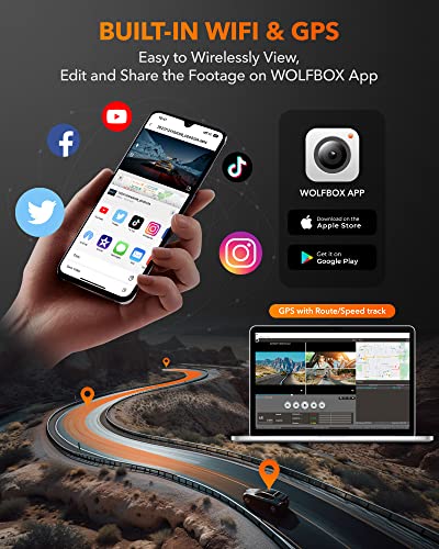 WOLFBOX i07 Dash Cam, 3 Channel Dash Cam with WiFi GPS, 4K+1080P Dash Camera Front and Inside, 2.5K 1600P+1080P+1080P Dashcam Front Rear and Cabin, 3" LCD Super IR Night Vision, Smart Parking Monitor