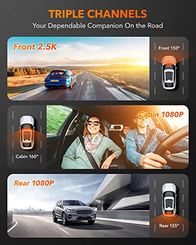 WOLFBOX i07 Dash Cam, 3 Channel Dash Cam with WiFi GPS, 4K+1080P Dash Camera Front and Inside, 2.5K 1600P+1080P+1080P Dashcam Front Rear and Cabin, 3" LCD Super IR Night Vision, Smart Parking Monitor