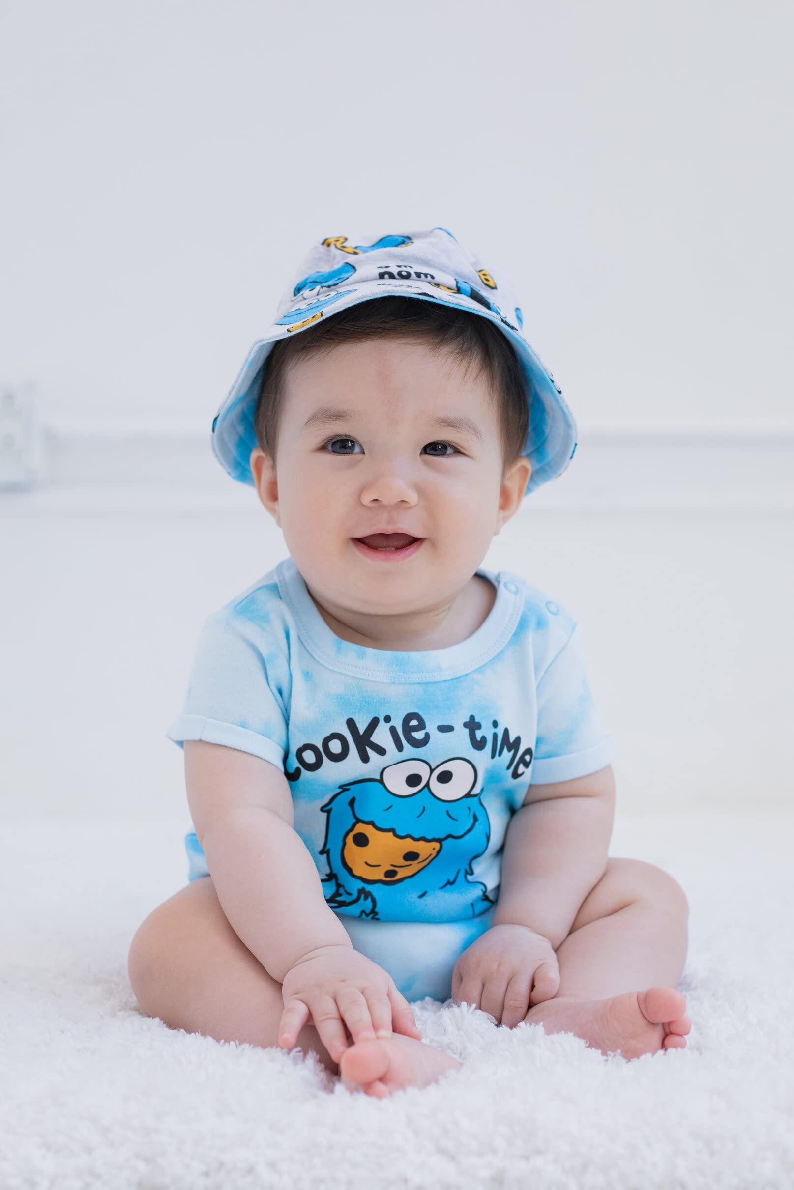 Sesame Street Cookie Monster Infant Baby Boys Romper and Hat Tie Dye Blue/Gray 6-9 Months