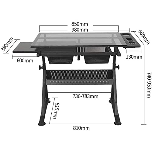 Drafting Desk, Adjustable Glass Drafting Table,Versatile Art Study Table,with Storage Drawers,Art Studio Design Sketching Painting Work Station
