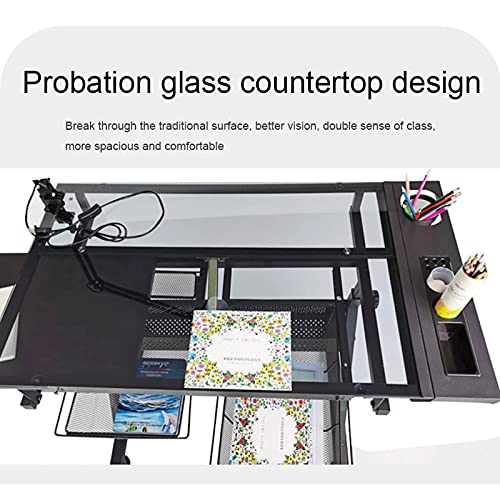 Drafting Desk, Adjustable Glass Drafting Table,Versatile Art Study Table,with Storage Drawers,Art Studio Design Sketching Painting Work Station