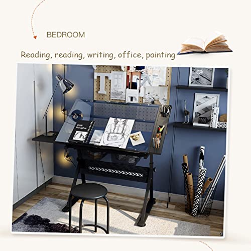 Drafting Desk, Adjustable Glass Drafting Table,Versatile Art Study Table,with Storage Drawers,Art Studio Design Sketching Painting Work Station