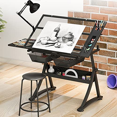 Drafting Desk, Adjustable Glass Drafting Table,Versatile Art Study Table,with Storage Drawers,Art Studio Design Sketching Painting Work Station