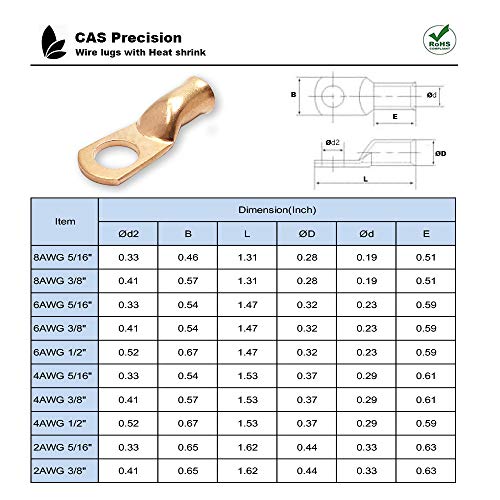 Ring Terminal Connectors Battery Wire Lugs Pure Copper Heavy Duty Cable Ends with Heat Shrink Tube 2AWG 4AWG 6AWG 8AWG (4AWG 3/8" Ring)