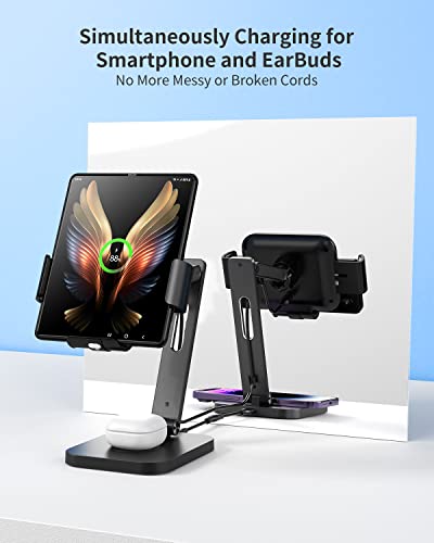 MAKAQI 2 in 1 Charging Station for Z Fold 4/3/2, Aluminium Alloy 3 Coils Fast Wireless Charger Stand for Samsung Galaxy Buds 2 Pro/Buds Pro/Buds 2 / Buds Live (with 20W Adapter)