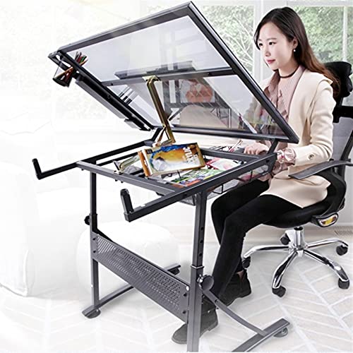 Drafting Desk, Adjustable Glass Drafting Table,Versatile Art Study Table,with Storage Drawers,Art Studio Design Sketching Painting Work Station