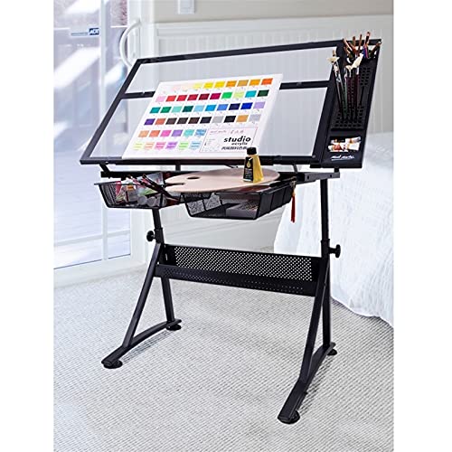 Drafting Desk, Adjustable Glass Drafting Table,Versatile Art Study Table,with Storage Drawers,Art Studio Design Sketching Painting Work Station