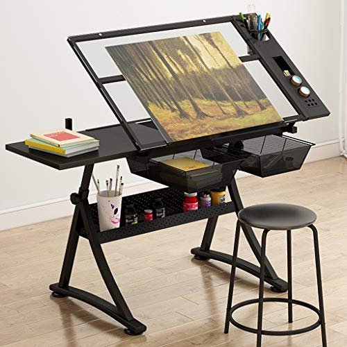 EESHHA Drawing Table Drafting Table with Storage, Height Adjustable Tiltable Art Desk, Glass Panel Drawing Desk, for Work Study Painting Craft Table