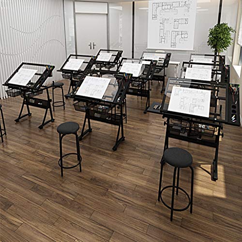 EESHHA Drawing Table Drafting Table with Storage, Height Adjustable Tiltable Art Desk, Glass Panel Drawing Desk, for Work Study Painting Craft Table