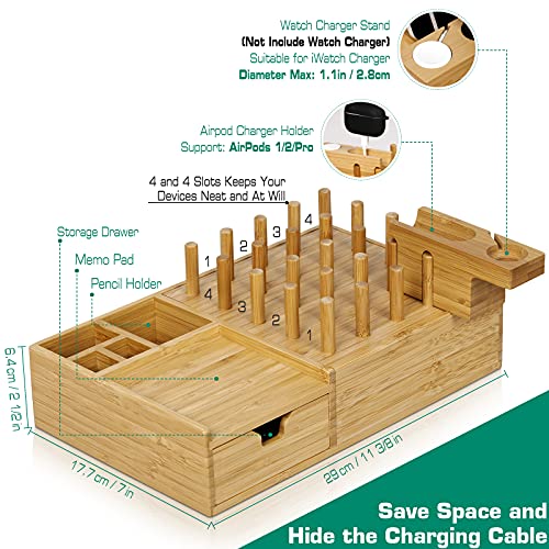 Bamboo Charging Station for Multiple Devices - Darfoo Desktop Docking Station Organizer Compatible with Cell Phones, Tablet, Smart Watch & Earbuds (Included 6 Mixed Cables, No USB Charger)
