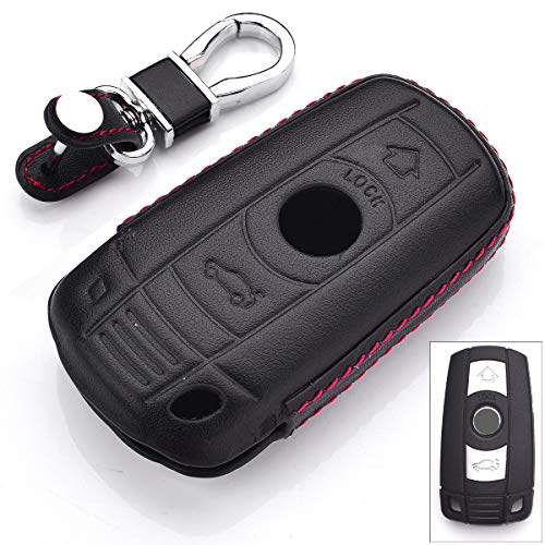 Royalfox(TM) Luxury 3 Buttons Genuine Leather Smart keyless Entry Remote Key Fob case Cover for BMW 1 2 4 5 6 Series,for bmw old smart key,with Keychain