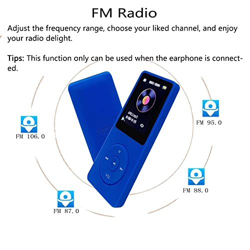 MP3 Player 32GB with Speaker FM Radio Earphone Portable Mini Blue Music Player Voice Recorder E-Book 1.8 inch HD Screen Support up to 128GB