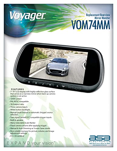 Voyager VOM74MM Rearview Mirror Monitor, 7inch TFT LCD Display w/ Highly-reflective Glass Surface Serving as When Back-Up Camera is not Active, 3 Inputs, Built-In Speaker (Renewed) Black