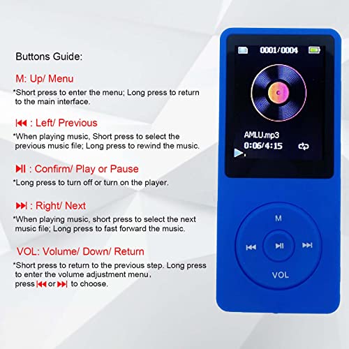 MP3 Player 32GB with Speaker FM Radio Earphone Portable Mini Blue Music Player Voice Recorder E-Book 1.8 inch HD Screen Support up to 128GB