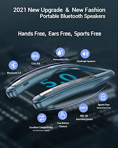 Bluenin Portable Wearable Neckband Bluetooth Speakers, Wireless Collar Speaker CVC 8.0 Noise Cancelling 3D Sound Personal Sport Speaker with Mic(Navy Blue)