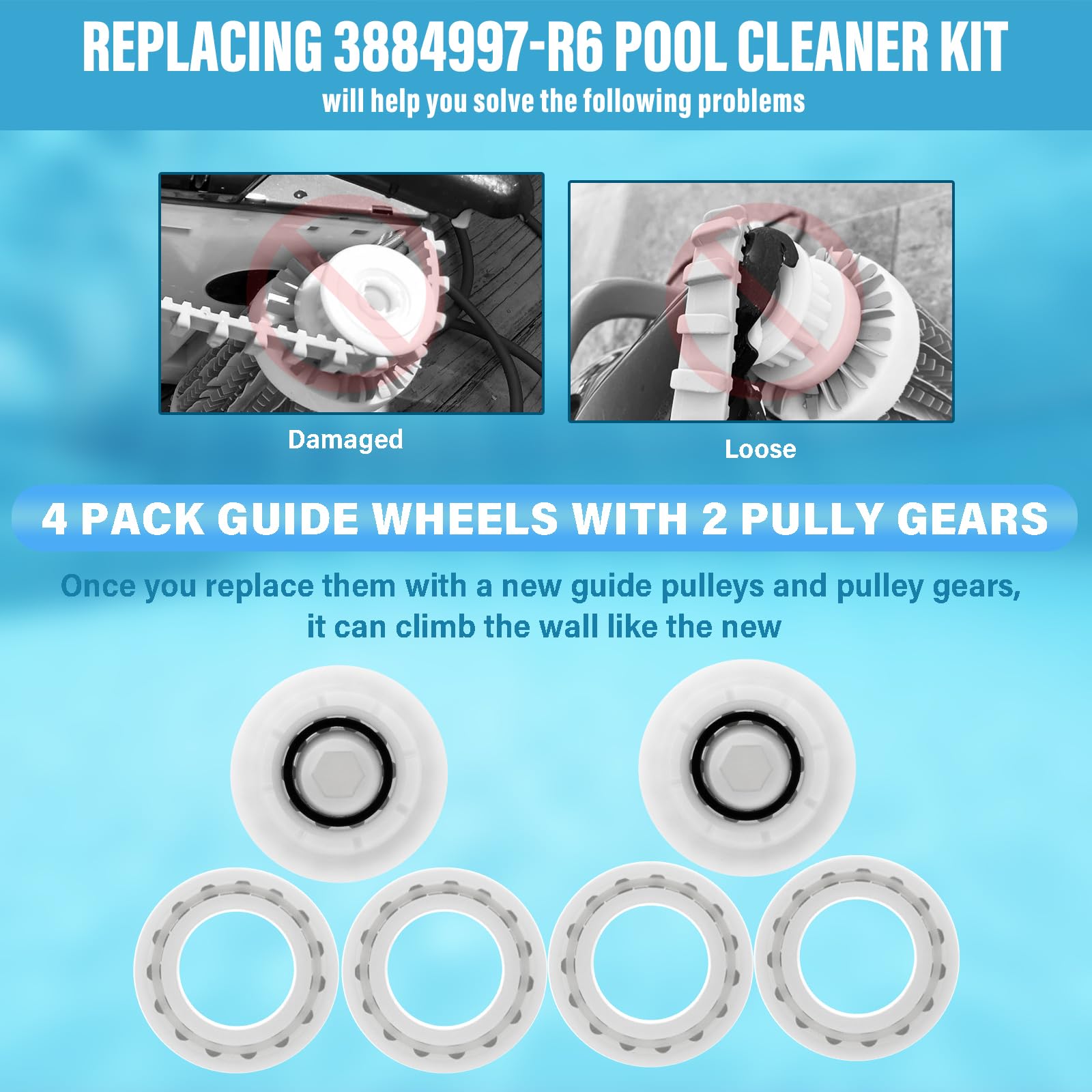 3884997-R6 Guide Wheels Parts Fit for Dolphin Dolphin Pool Cleaner Guide Wheels Replacement, 4 Pack Guide Wheels with 2 Pully Gears Compatible with Maytronics Dolphin Nautilus Cc Plus Premier