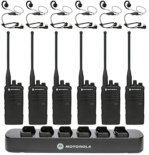 6 Pack of Motorola RDU4100 Radios with 6 Push to Talk (PTT) earpieces and a 6-Bank Radio Charger