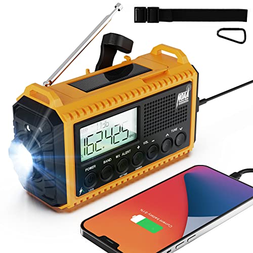 Hand Crank Radio Solar with LED Flashlight for Emergency, Portable NOAA Weather Radio with Rechargeable Battery for Outdoor Hurricanes, Battery Operated Radio with AM/FM/SW, SOS Alarm, Phone Charger