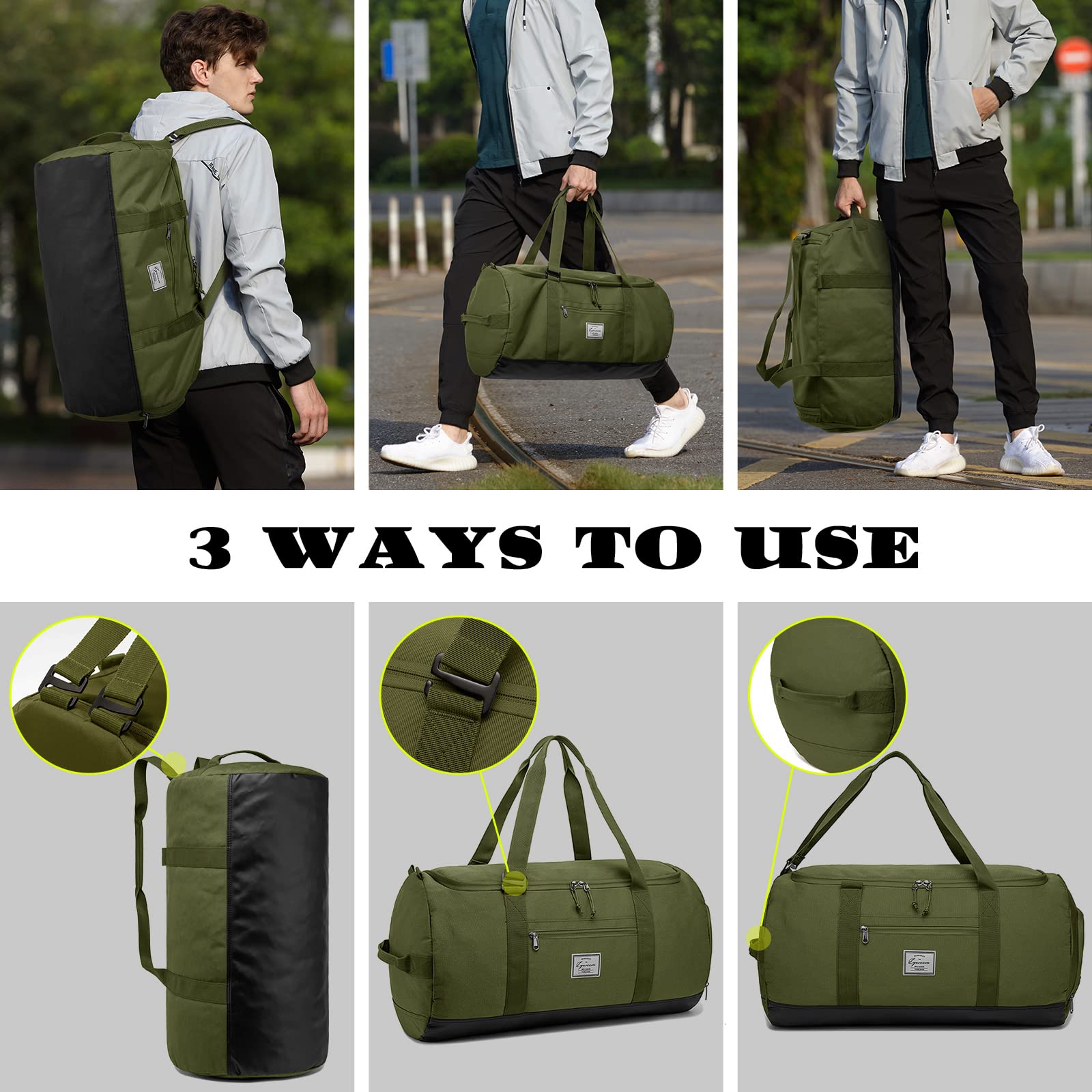 Lyweem Travel Duffel Bag for Men Duffle Bag Large Size for Women Weekender Overnight with Shoes Compartment Multifunctional Gym Bags 60L, Green